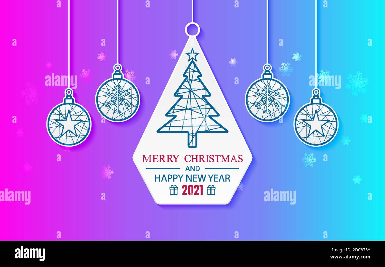 Merry Christmas and happy new year 2021 in hanging paper tag on neon ...