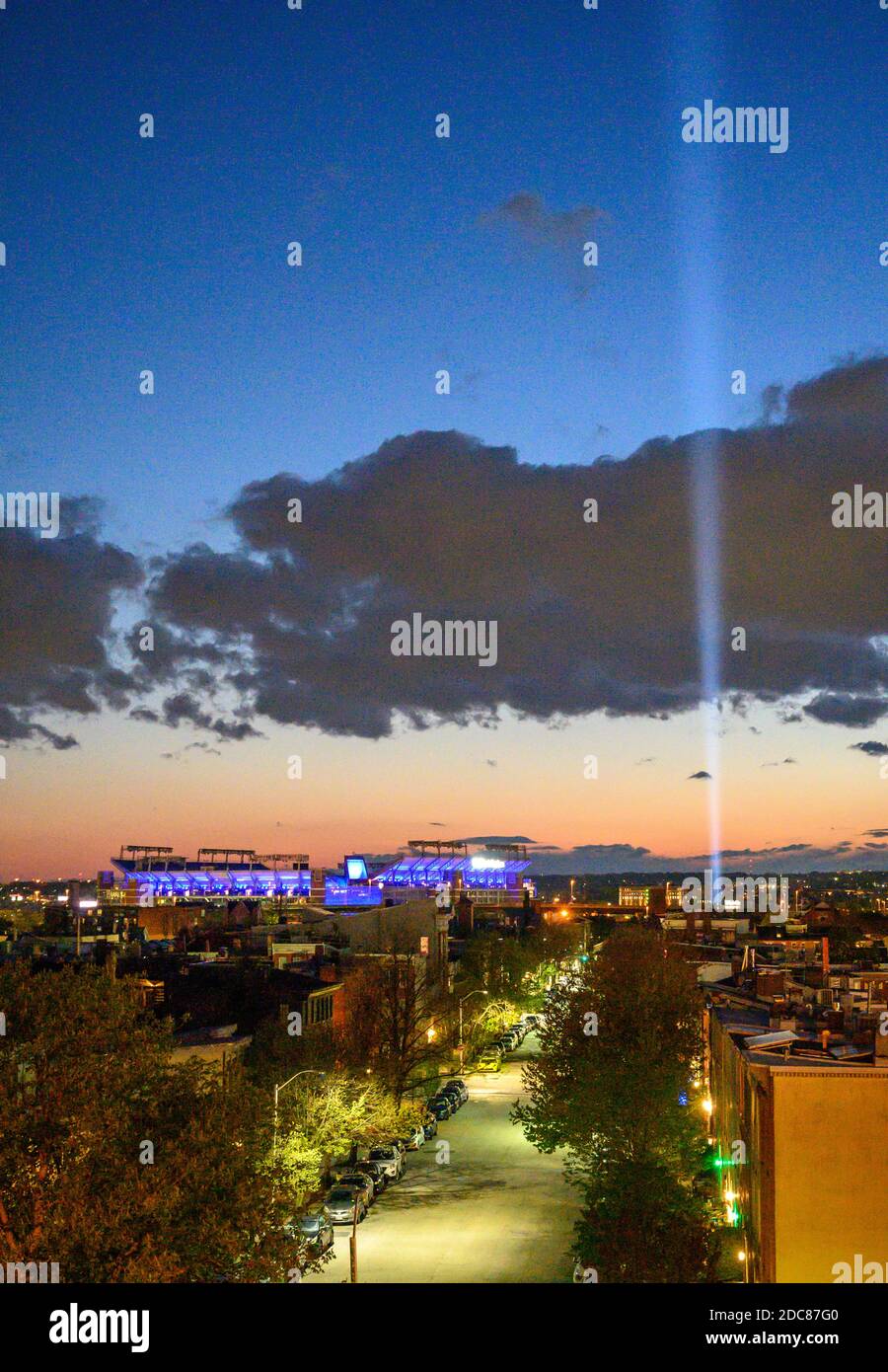 Light It Blue, Stadiums and Column of Light, Baltimore, Maryland Stock ...