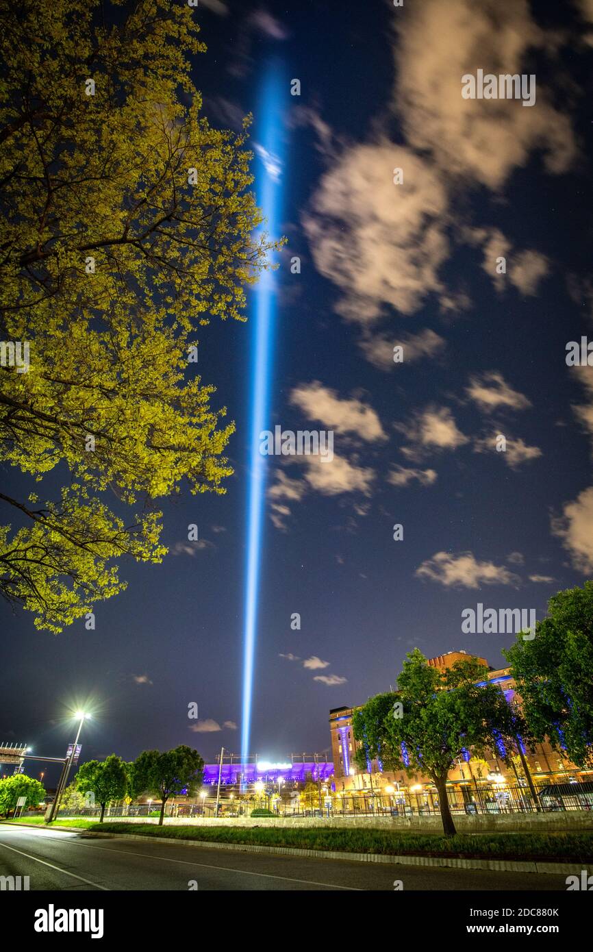 Light It Blue, Stadiums and Column of Light, Baltimore, Maryland Stock ...