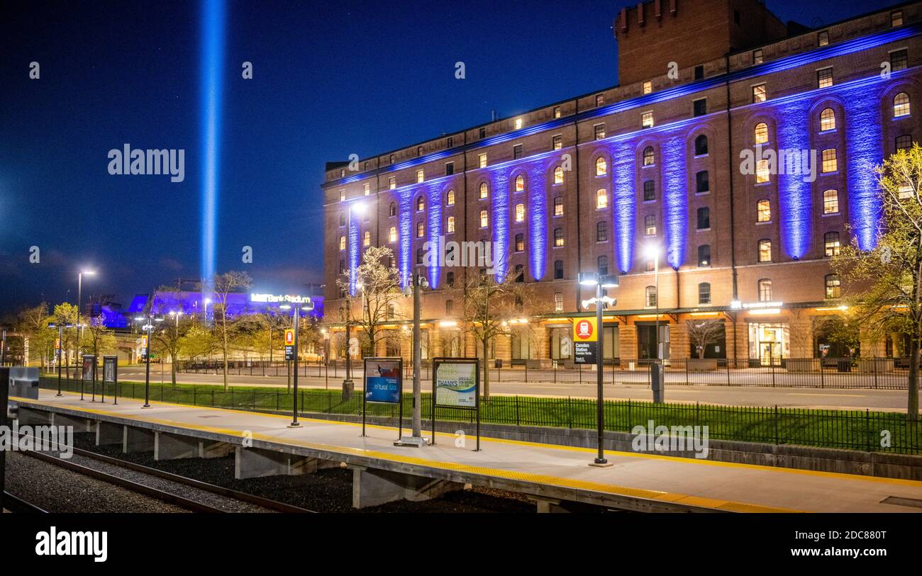 Light It Blue, Stadiums and Column of Light, Baltimore, Maryland Stock ...