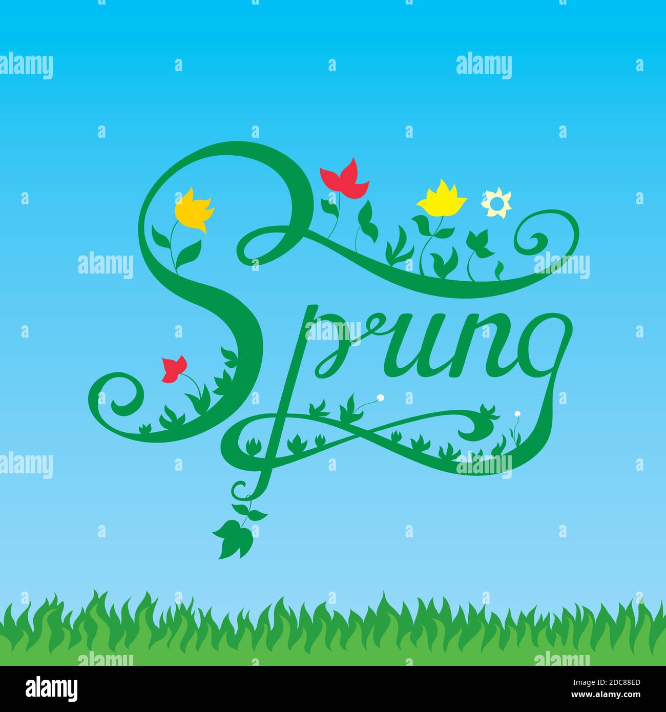 Calligraphic lettering hand spring with flowers, is located on ...