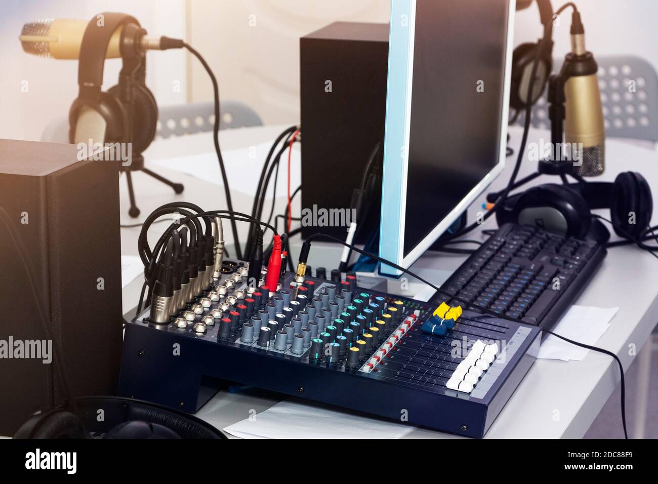 microphone and mixing table, sound, Studio background Stock Photo - Alamy