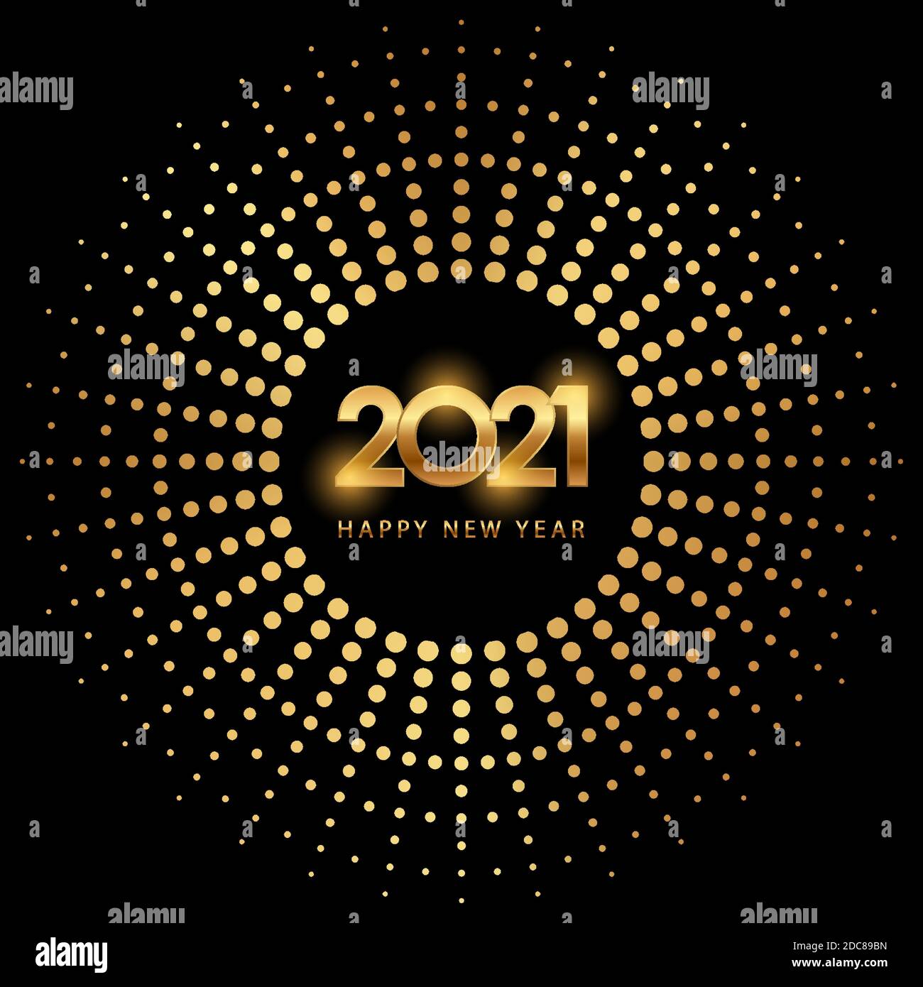 Golden happy new year 2021 in circle with burst glitter on black color ...