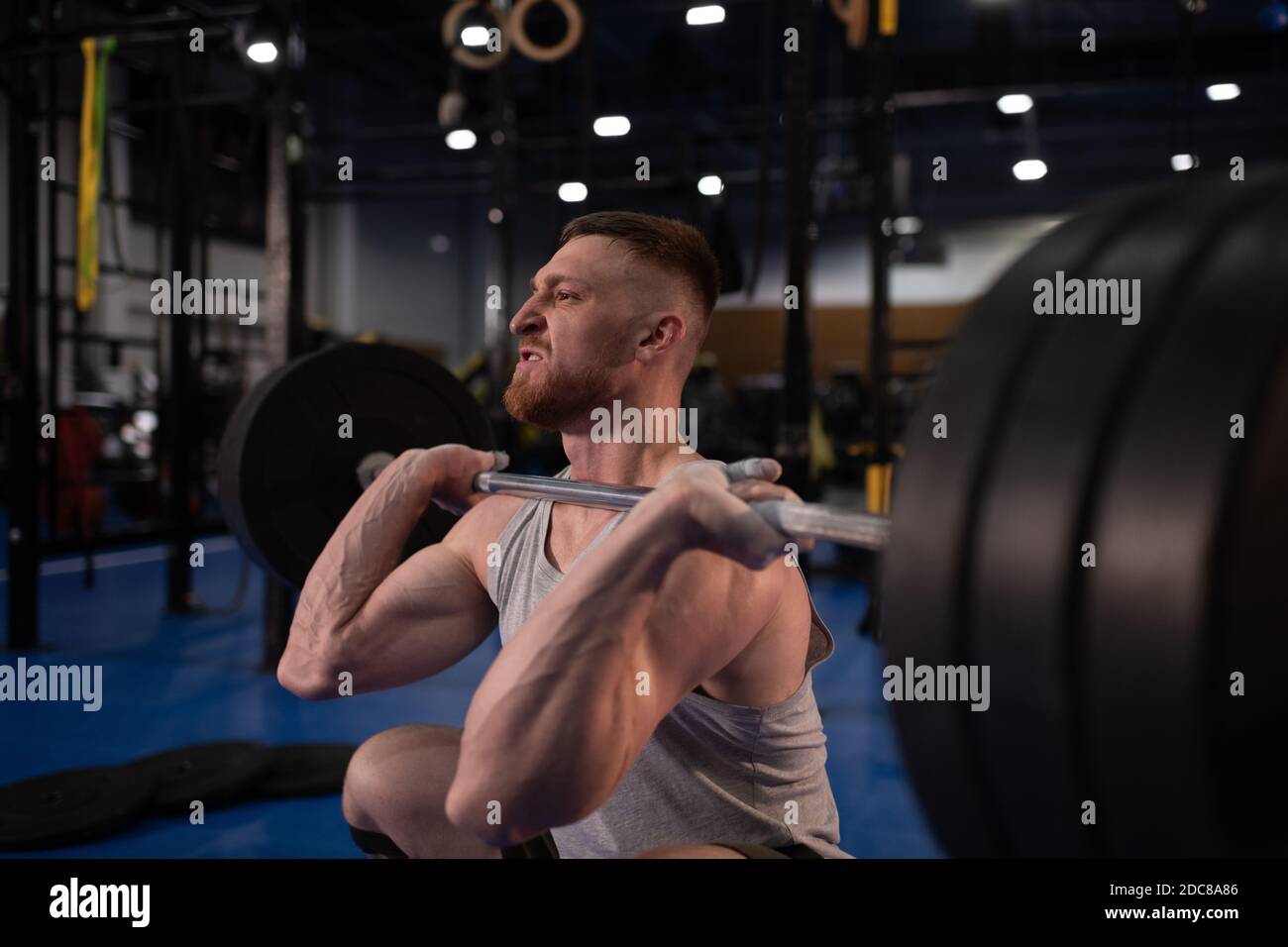 Brutal sportsman grunting and squatting with barbell during training in ...