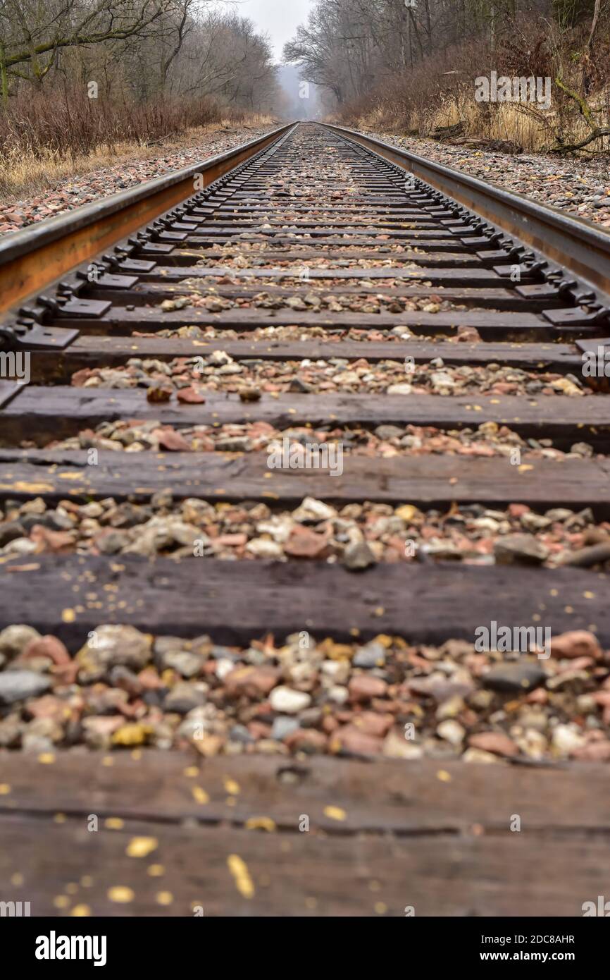 Empty freight train railway tracks winding through the rural ...