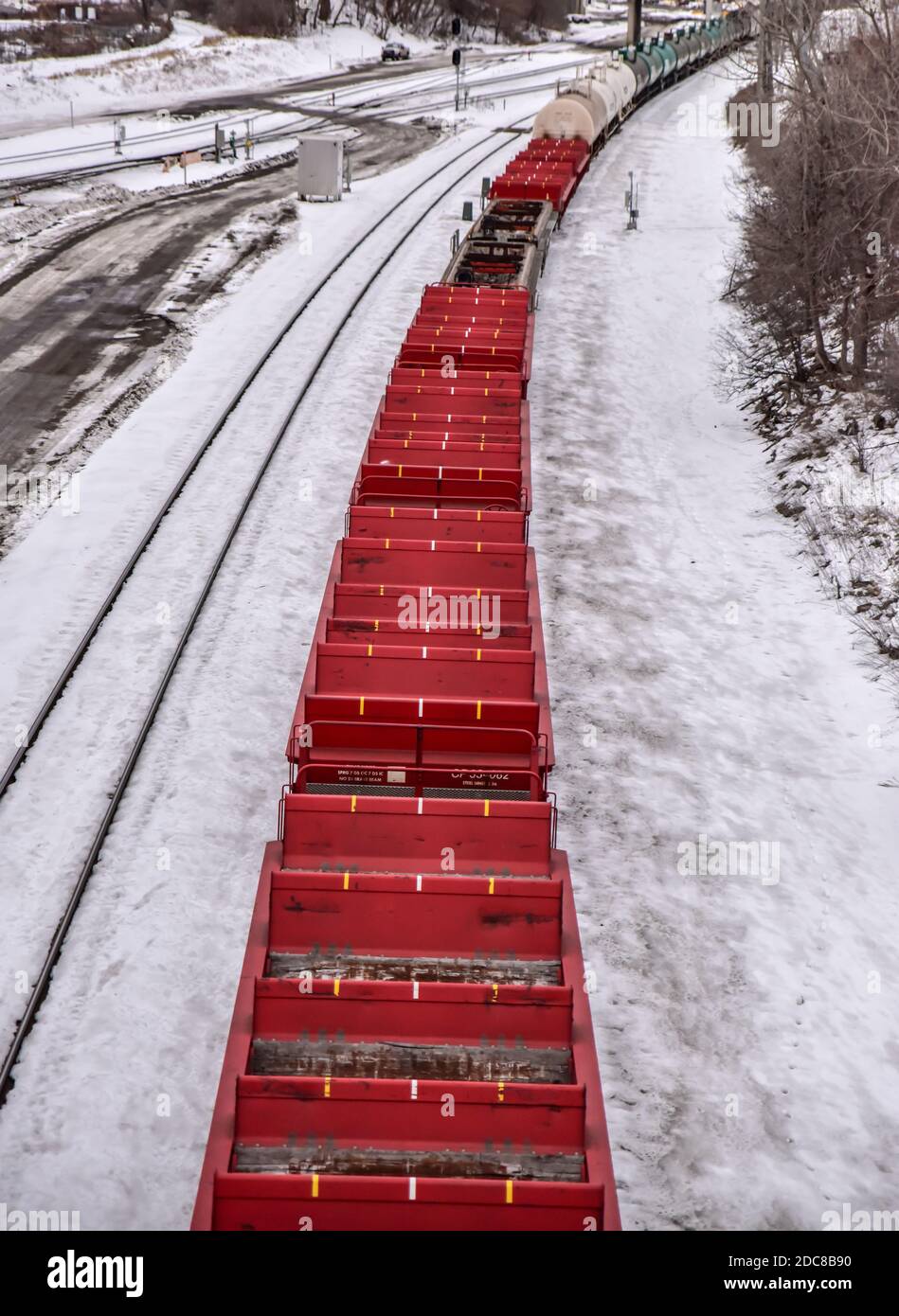 Empty freight train railway tracks winding through the rural ...