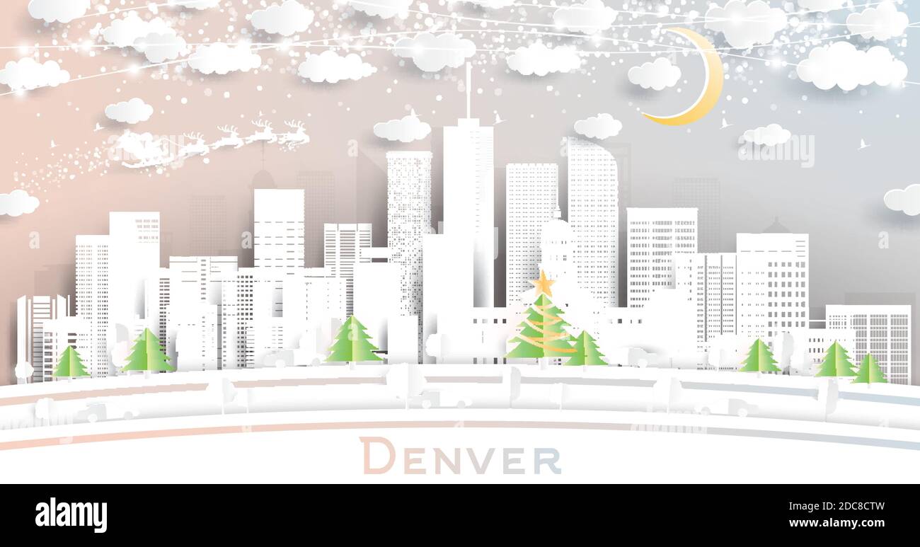 Denver Colorado USA City Skyline in Paper Cut Style with Snowflakes ...