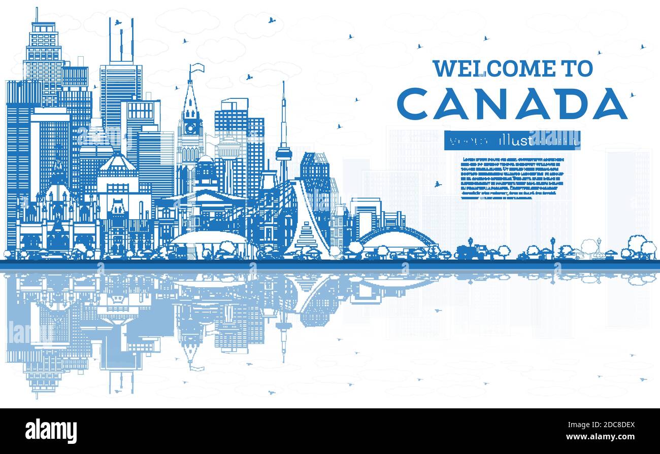 Outline Welcome to Canada City Skyline with Blue Buildings. Vector ...