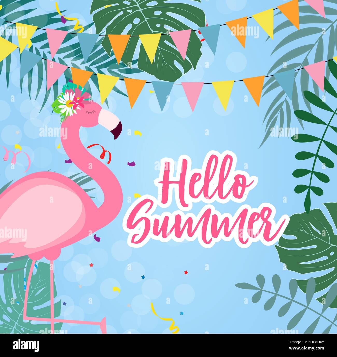 Cute Pink Flamingo Hello Summer Background Illustration Stock Photo - Alamy