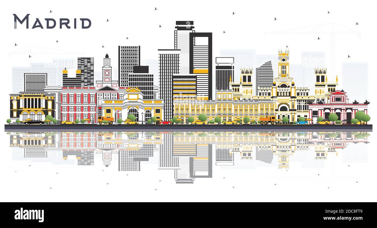 Madrid Spain City Skyline with Color Buildings and Reflections Isolated ...