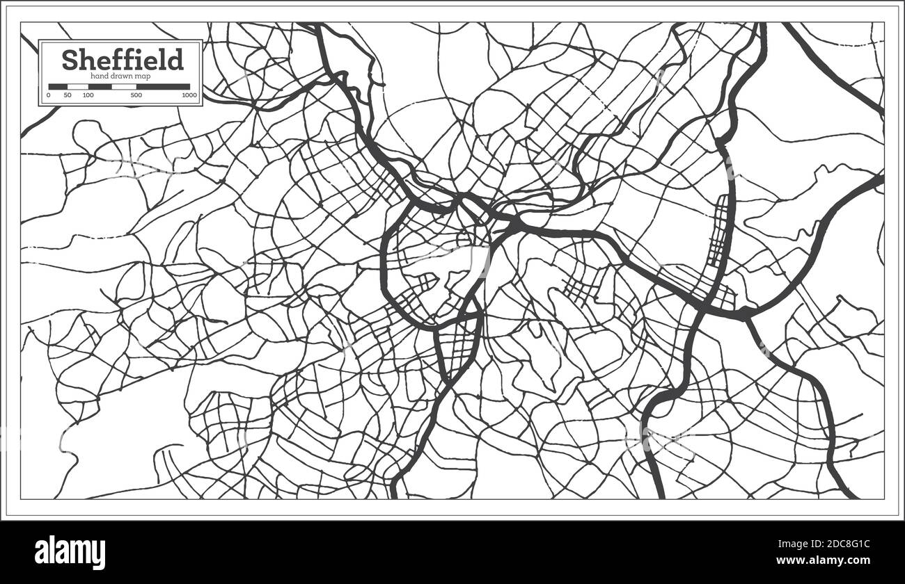 Sheffield Great Britain City Map in Black and White Color in Retro ...