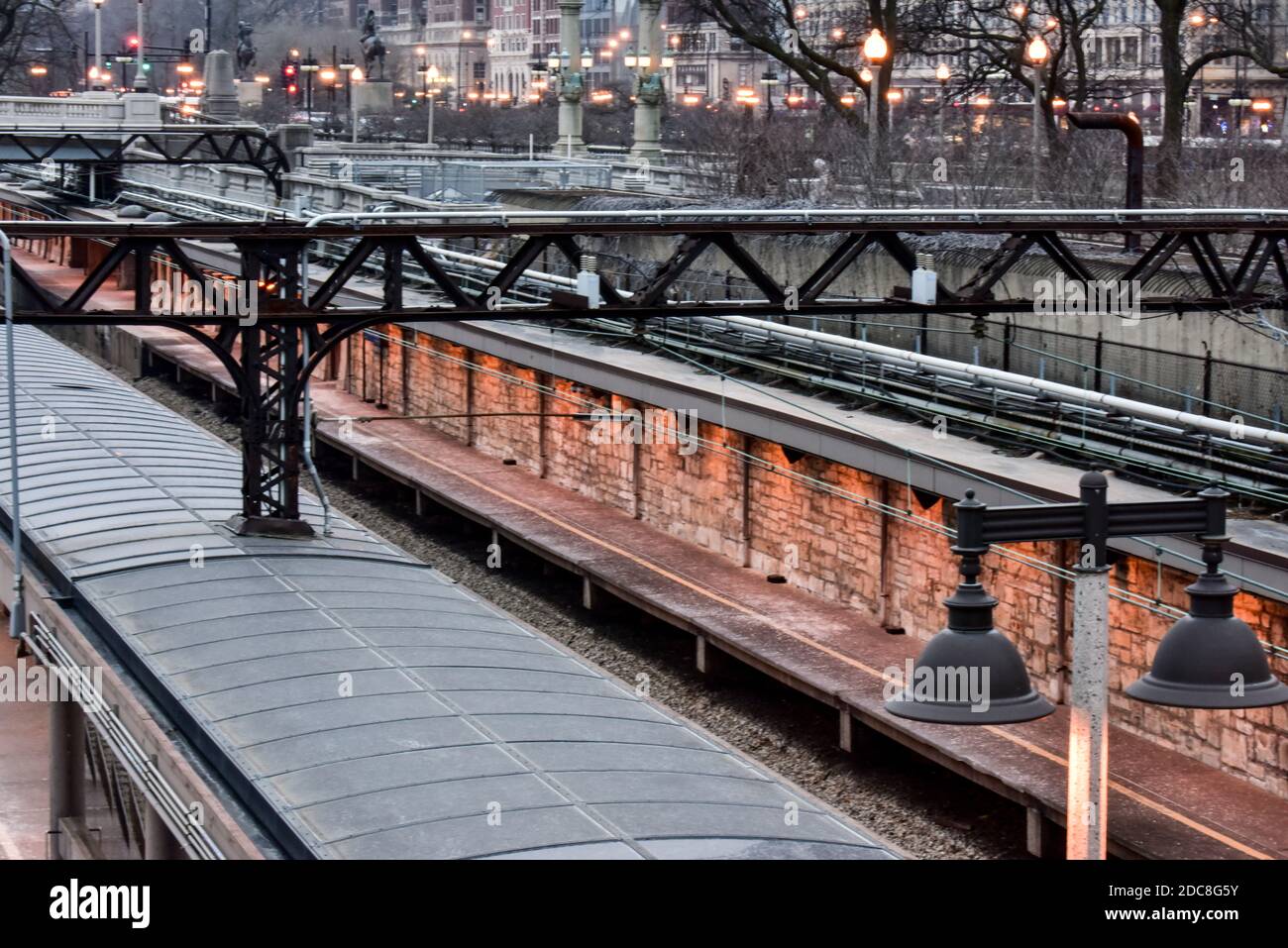 Urban city commuter train tracks among skyscrapers Stock Photo - Alamy