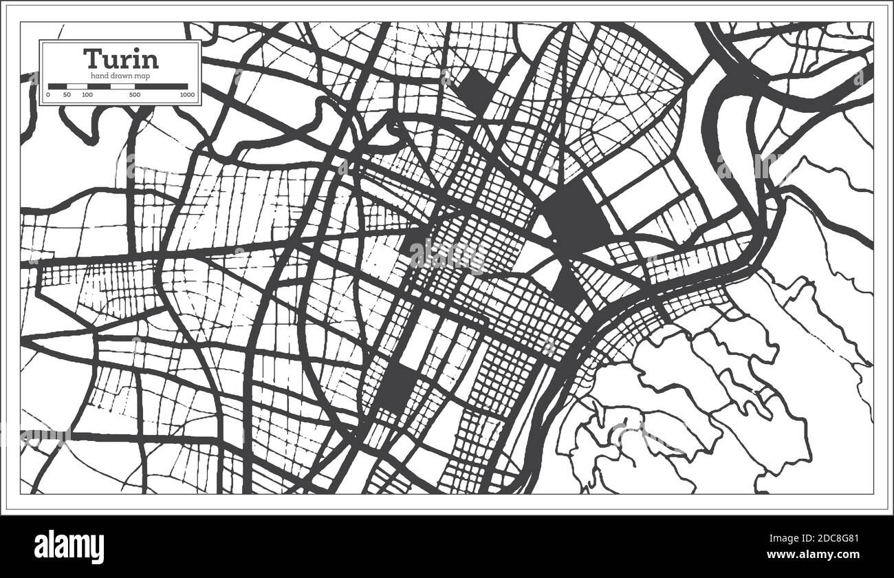 Turin Italy City Map in Black and White Color in Retro Style. Outline ...