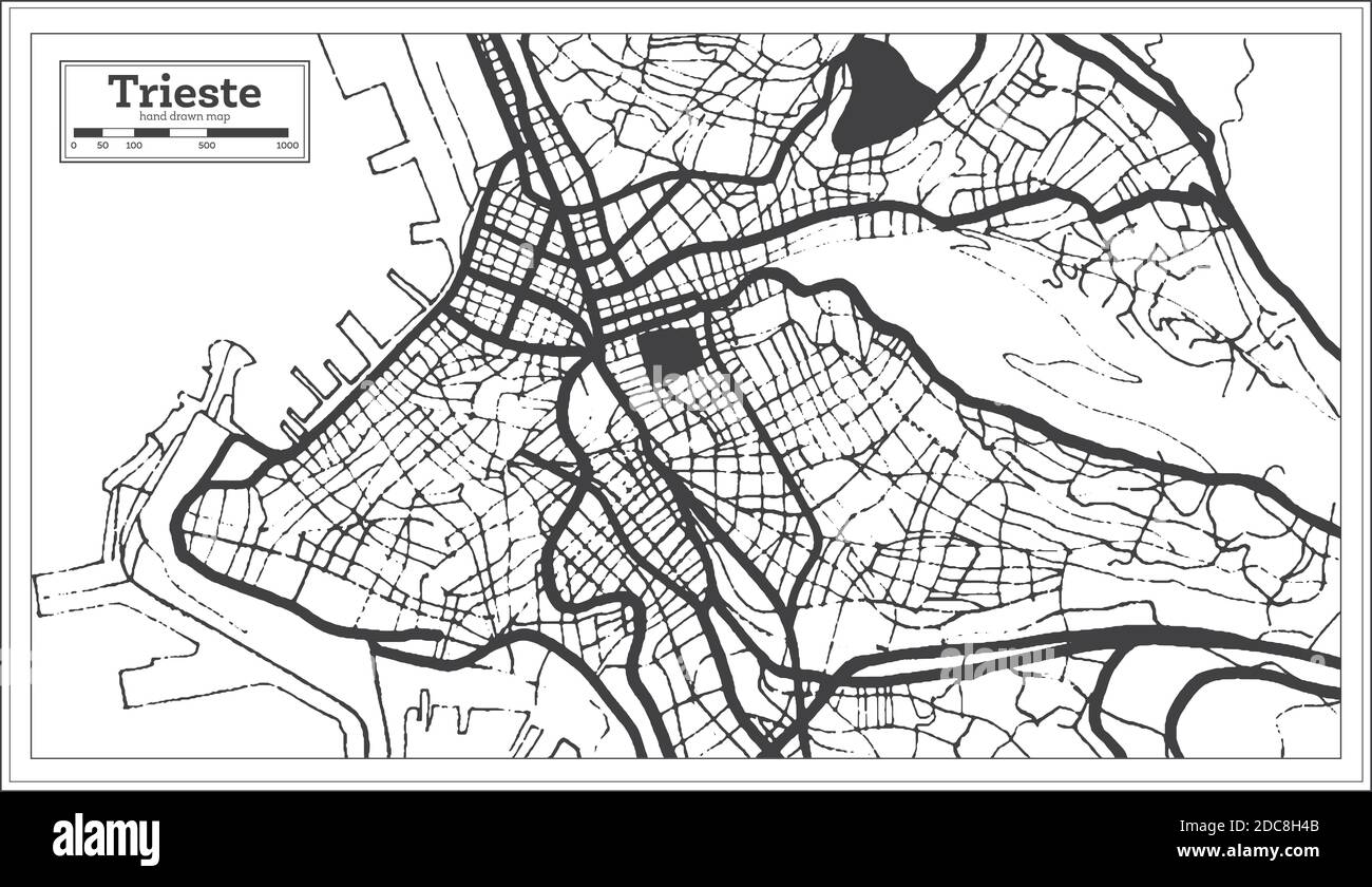 Trieste Italy City Map In Black And White Color In Retro Style Outline