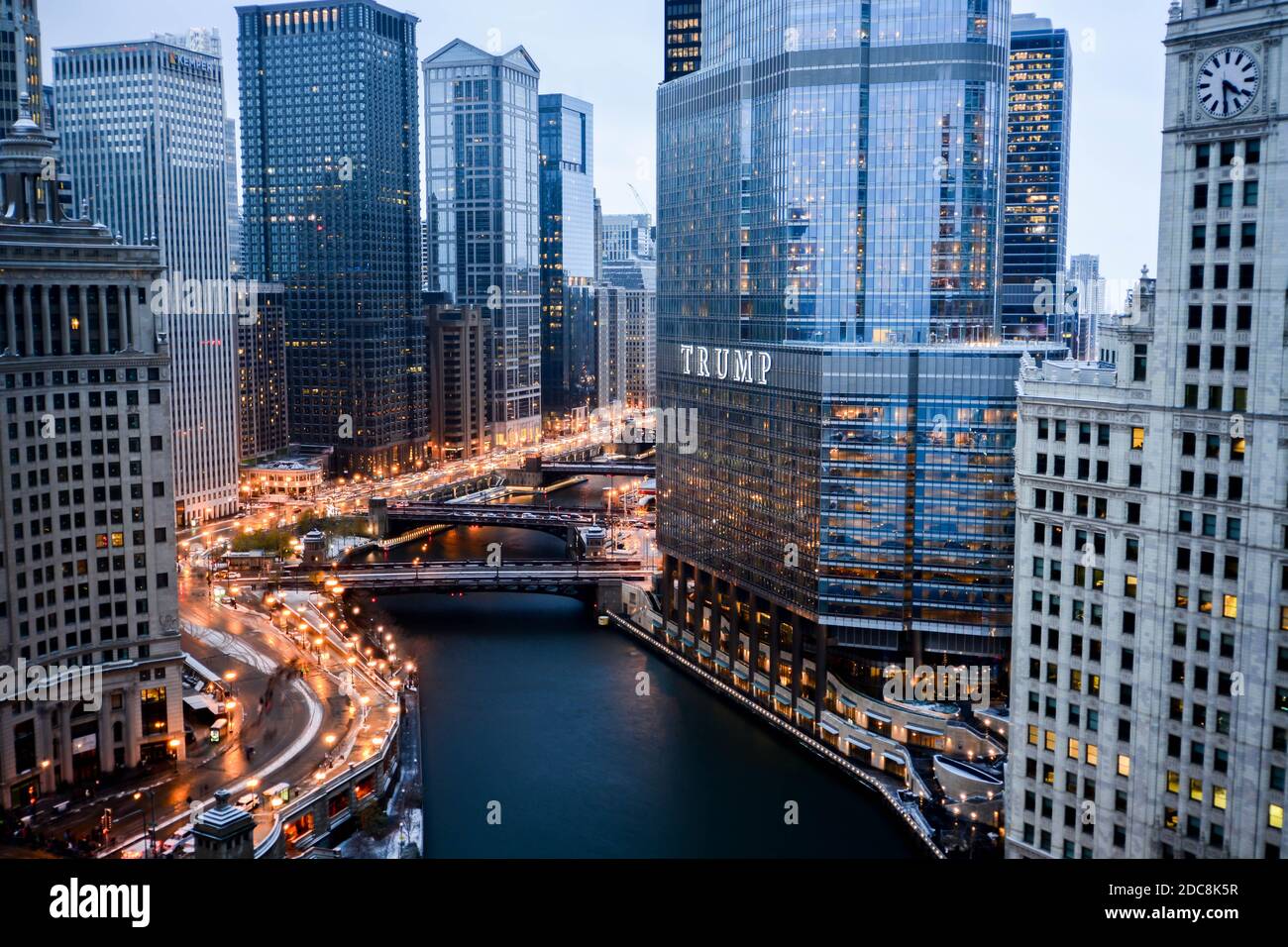 Chicago River running through the big city among skyscrapers and blue ...