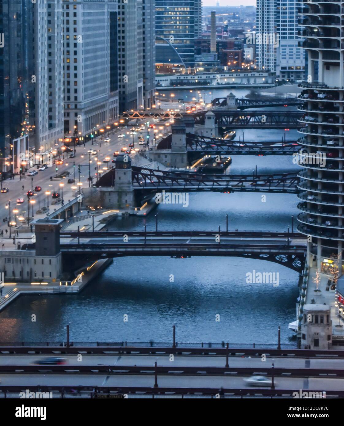 Chicago River running through the big city among skyscrapers and blue ...