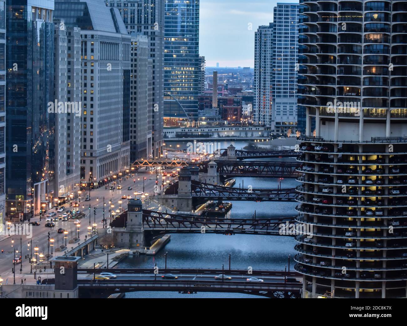 Chicago River running through the big city among skyscrapers and blue ...