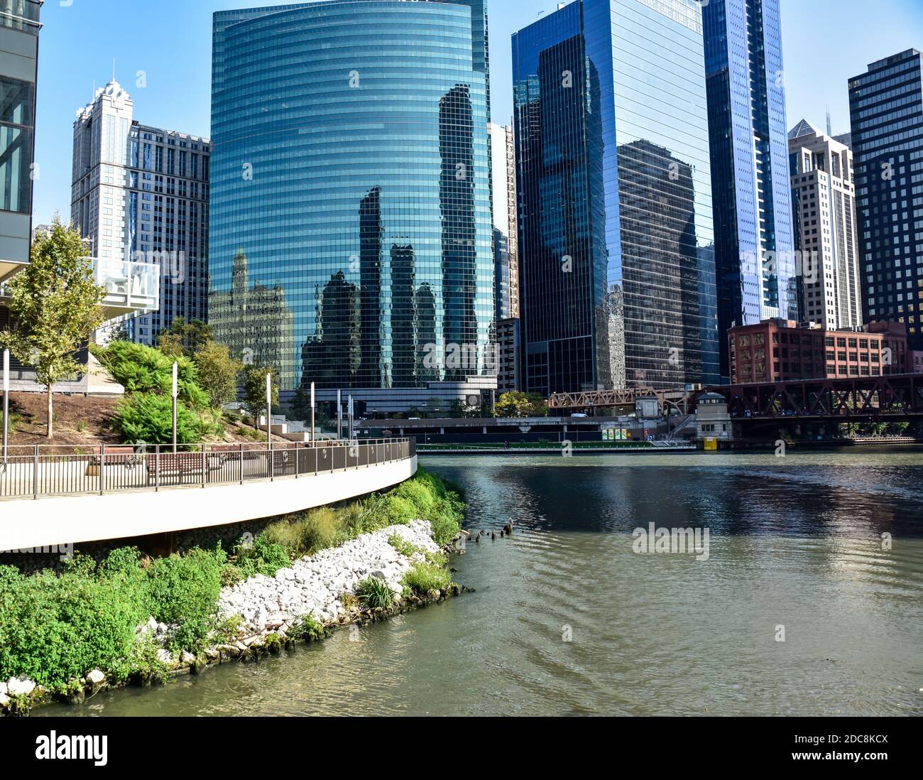 Chicago River running through the big city among skyscrapers and blue ...