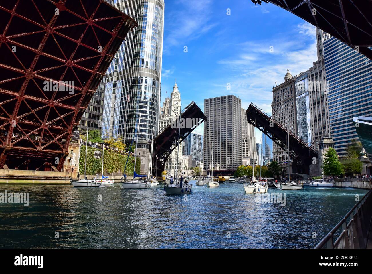 Chicago River running through the big city among skyscrapers and blue ...