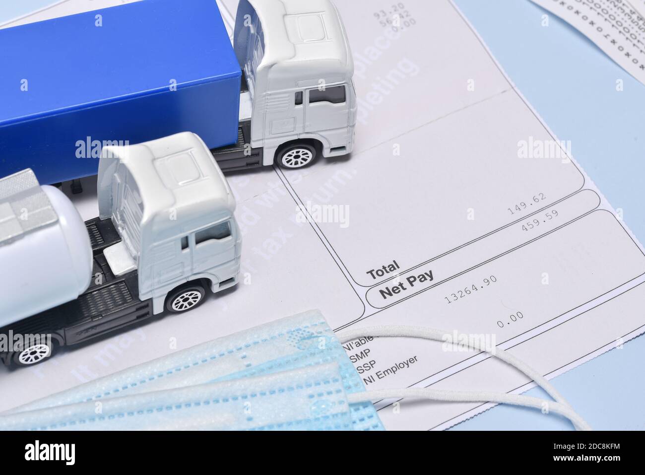 A lorry toys, payroll with dollar bill and face mask in concept about ...