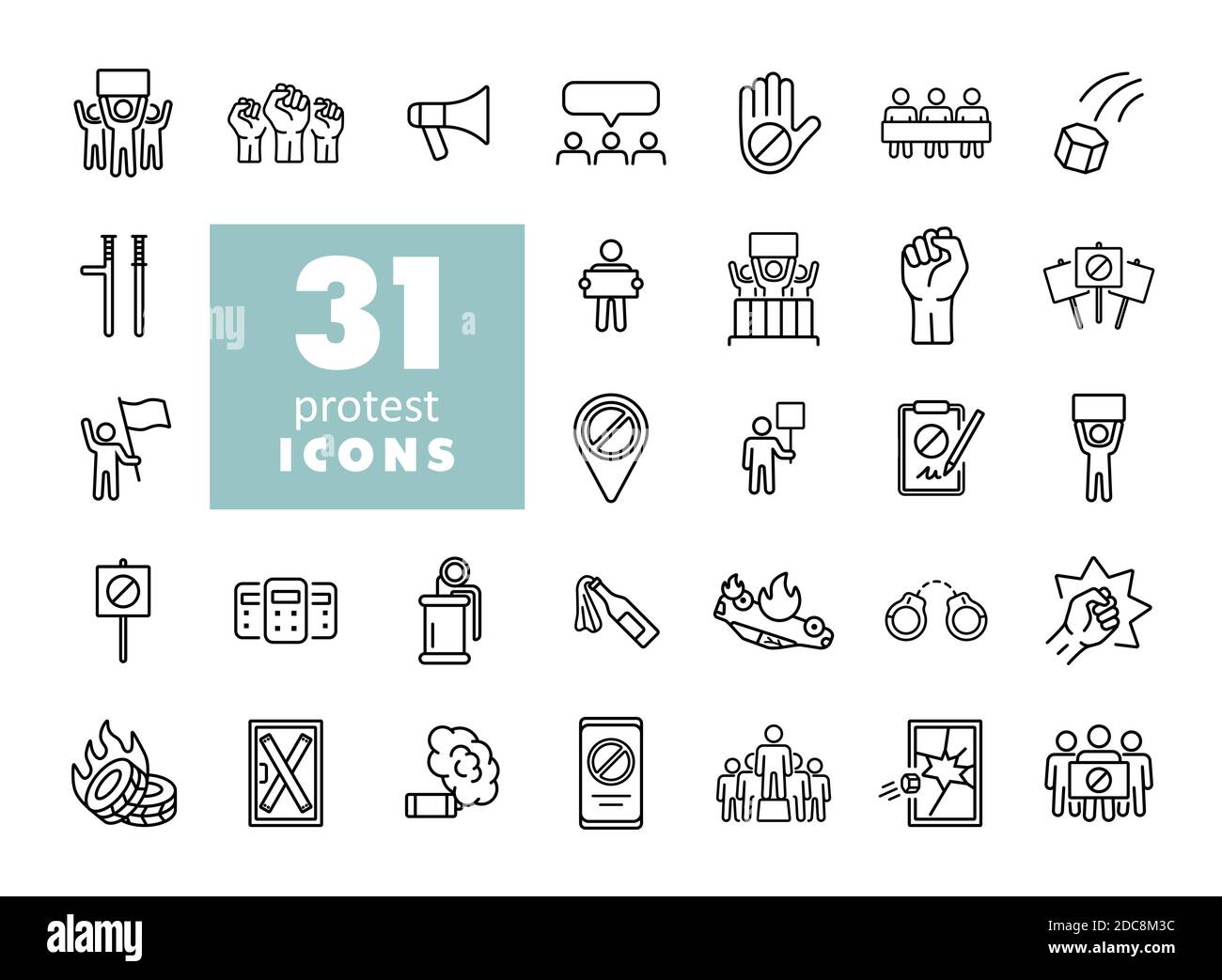 Protest, demonstration, strike, revolution set vector icons. Graph ...