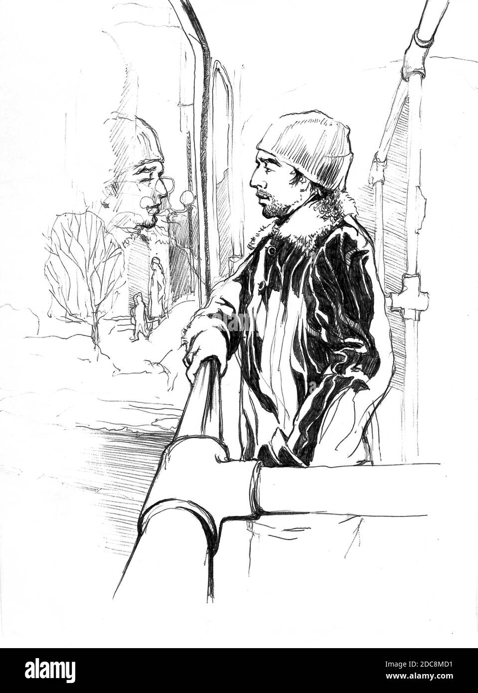 Man looking on his reflection in the bus window travel concept line art ...