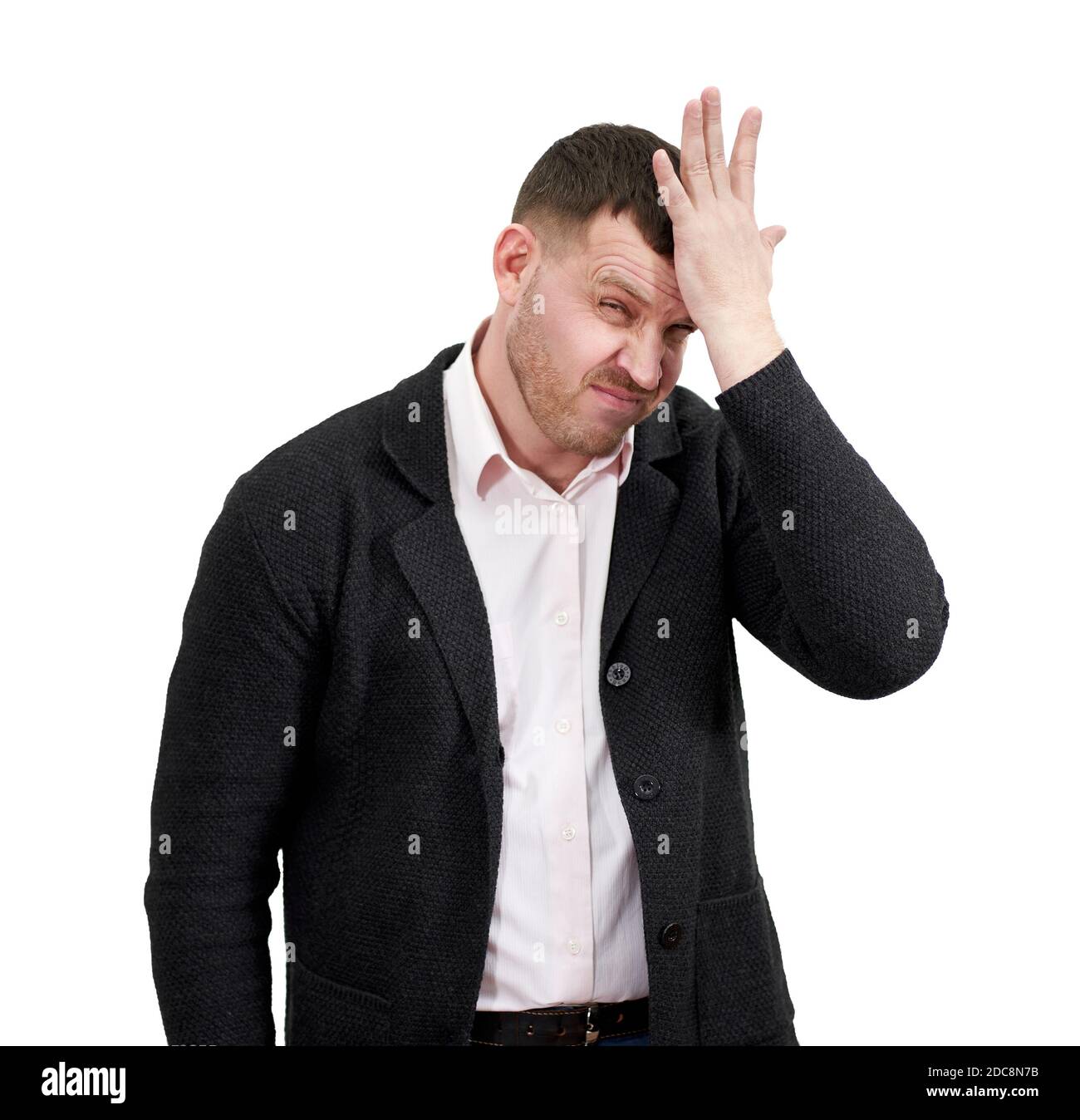 Stressed businessman with hand on the forehead over white background ...