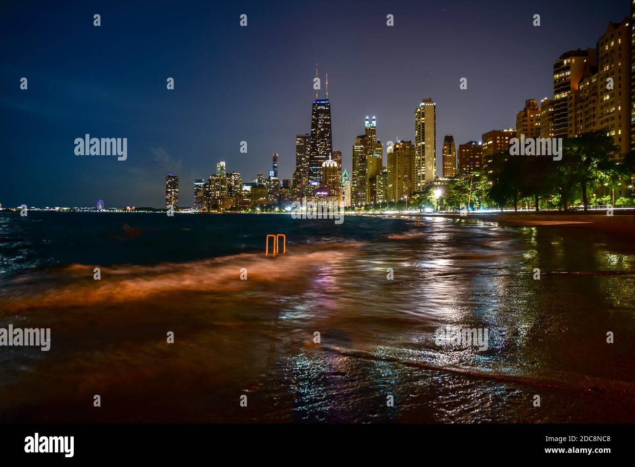 Chicago city skyline lights at night Stock Photo - Alamy
