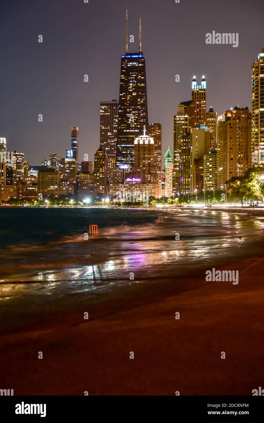 Chicago city skyline lights at night Stock Photo - Alamy