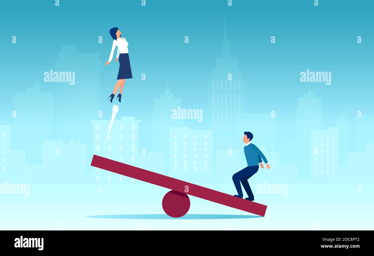 Vector of a man jumping on a seesaw helping a business woman to fly up ...
