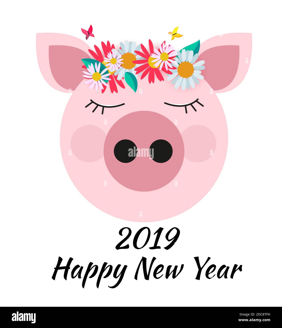 Happy New Year 2019 cute card design with cartoon pig. Illustration ...