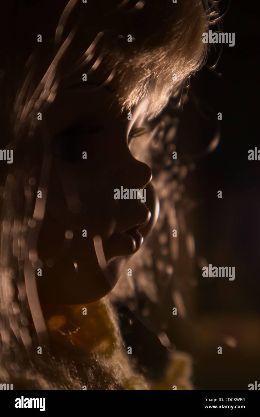 Vertical image of the profile of a doll's face reminiscent of an ...