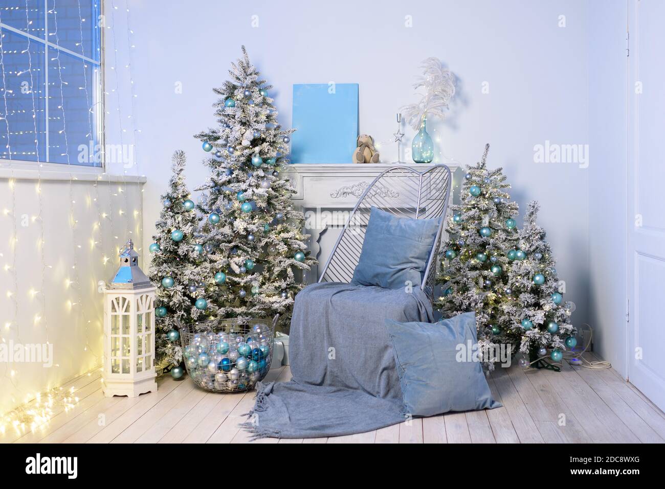 blue christmas tree and loft interior Stock Photo - Alamy