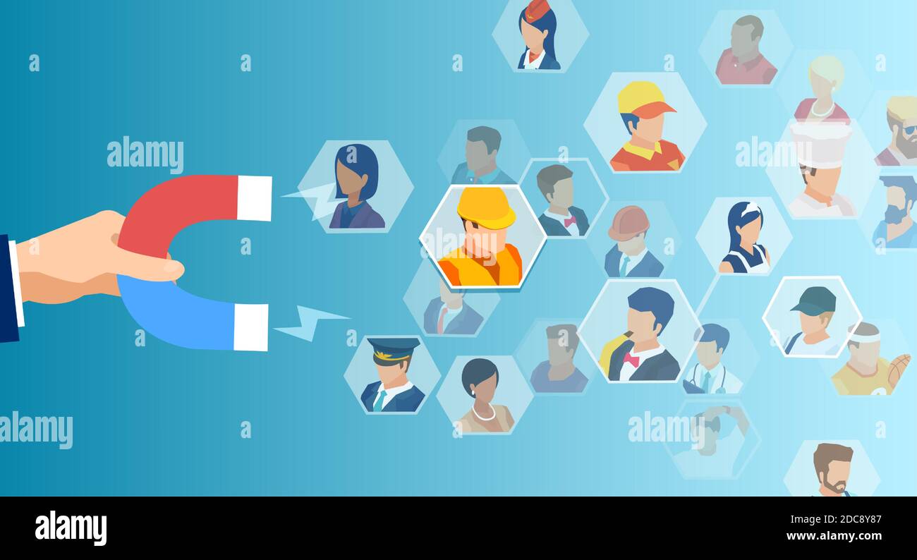 Vector of a businessman hand with magnet attracting diverse people ...