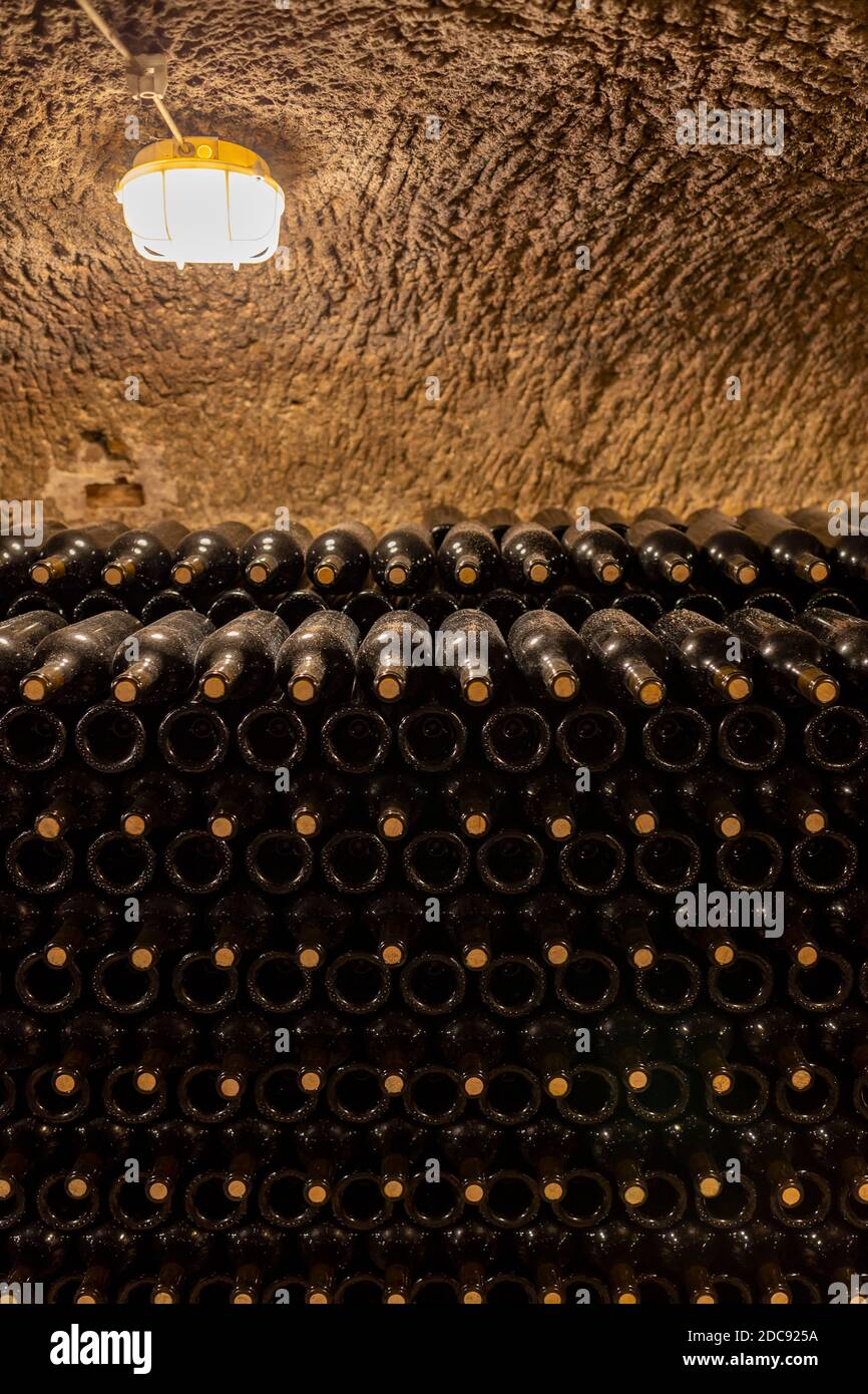 bottles of wine in old cellar in center of Eger, Northern Hungary Stock ...