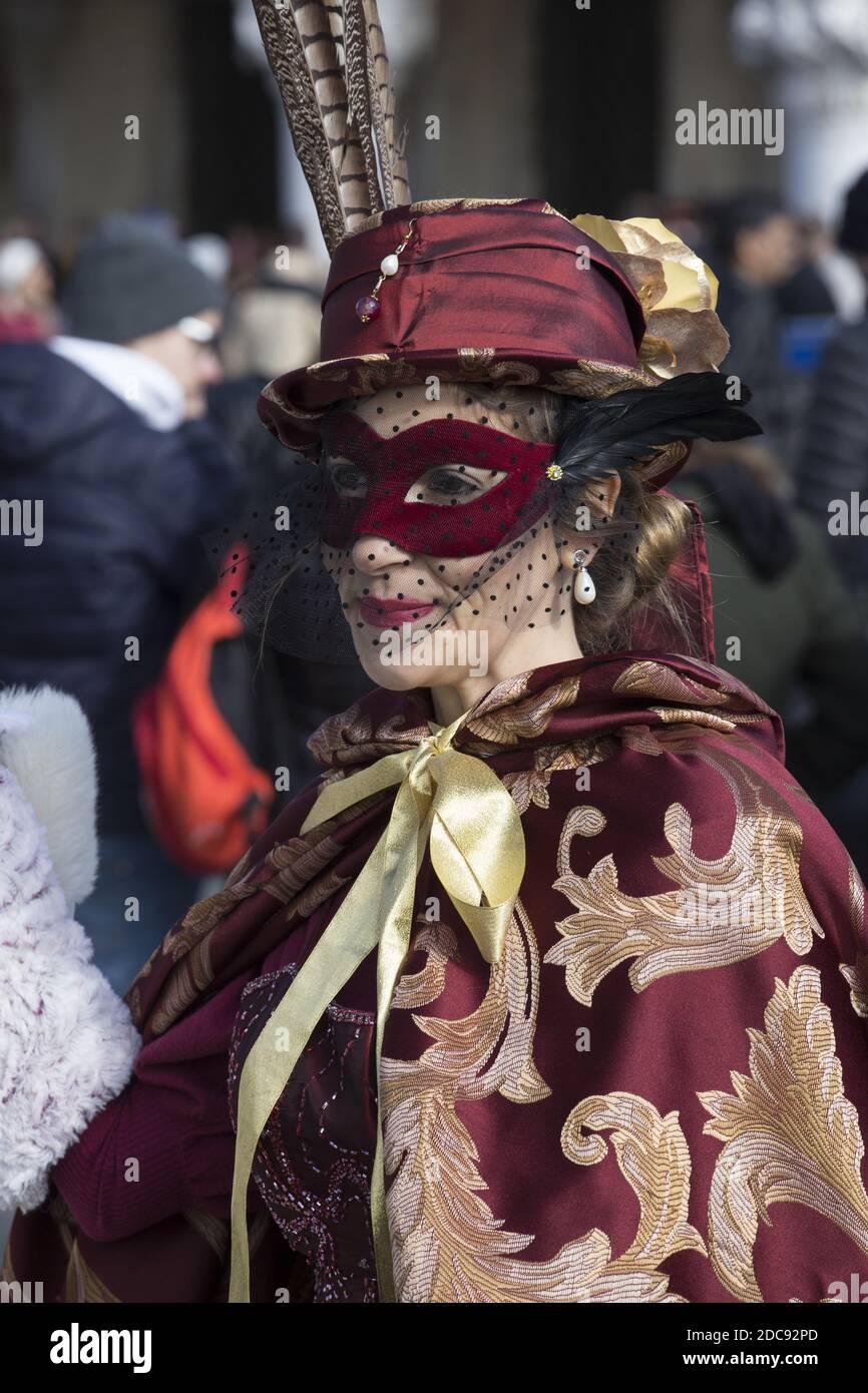 A female in a beautiful dress and traditional Venice mask during the ...