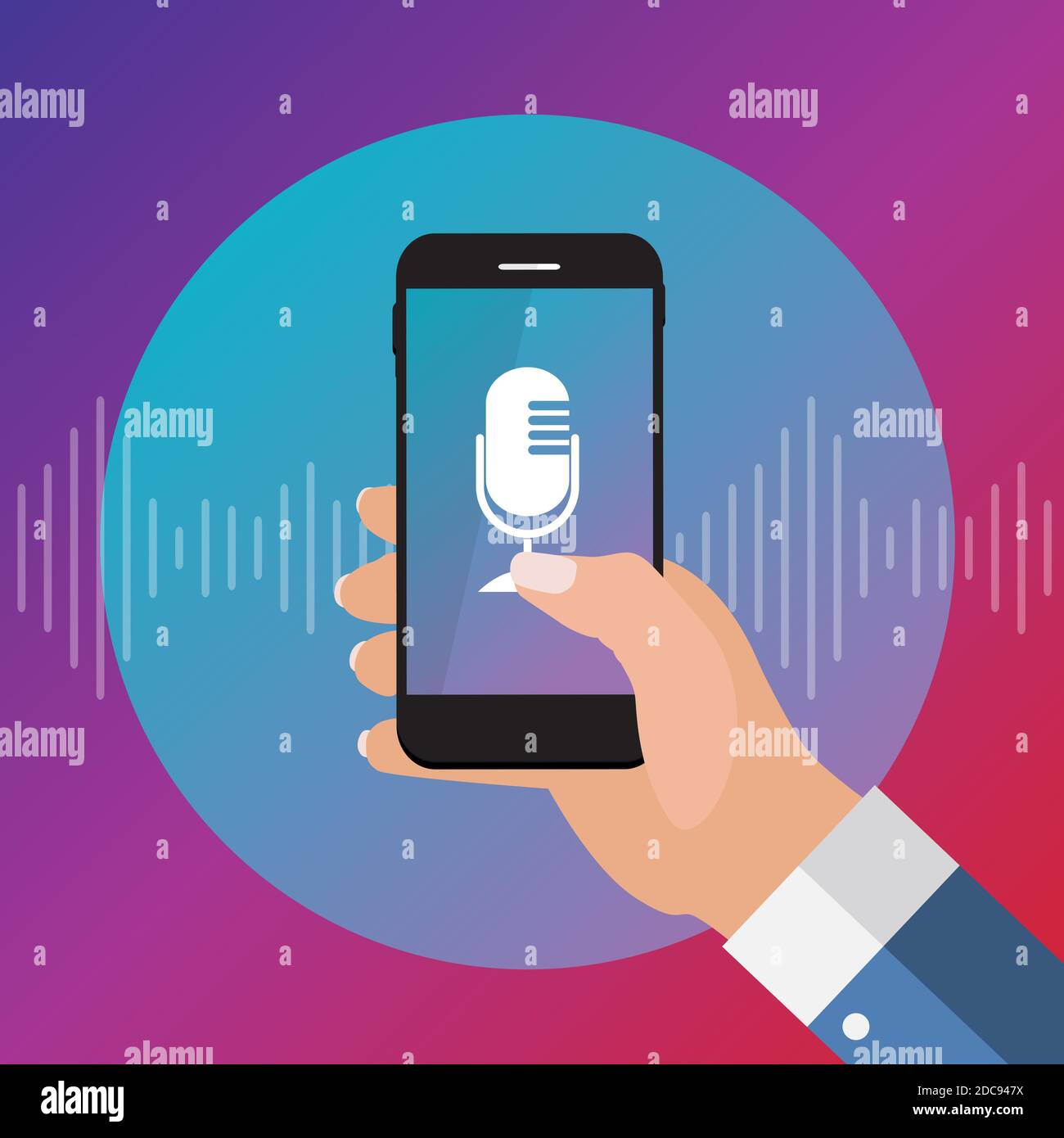 Hand with mobile phone with microphone button and intelligent ...