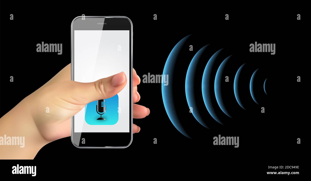 Hand with mobile phone with microphone button and intelligent ...