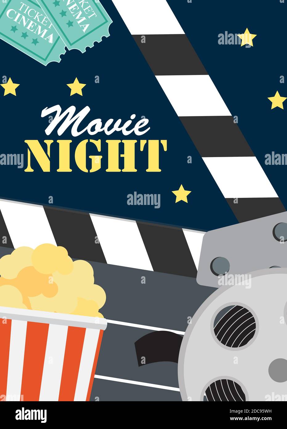 Abstract Movie Night Cinema Flat Background with Reel, Old Style Ticket ...