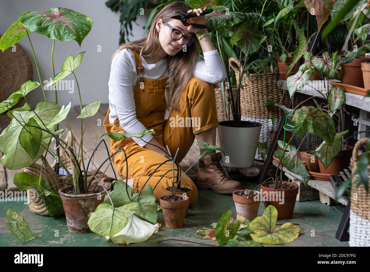 Tired woman gardener in glasses wear overalls takes a break from work, sitting, pruning dry ...