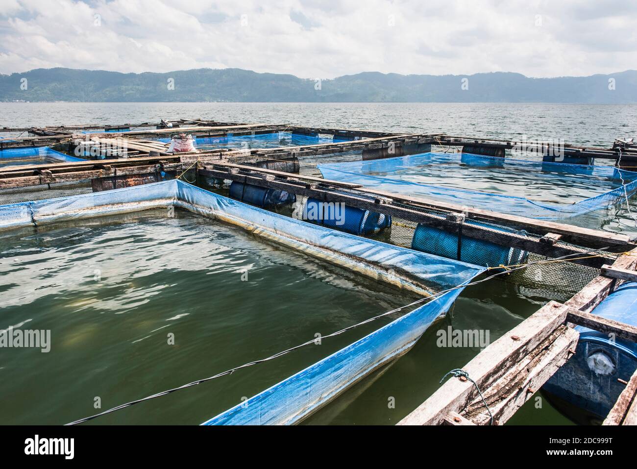 Fish farm in the middle of Lake Toba (Danau Toba), North Sumatra ...