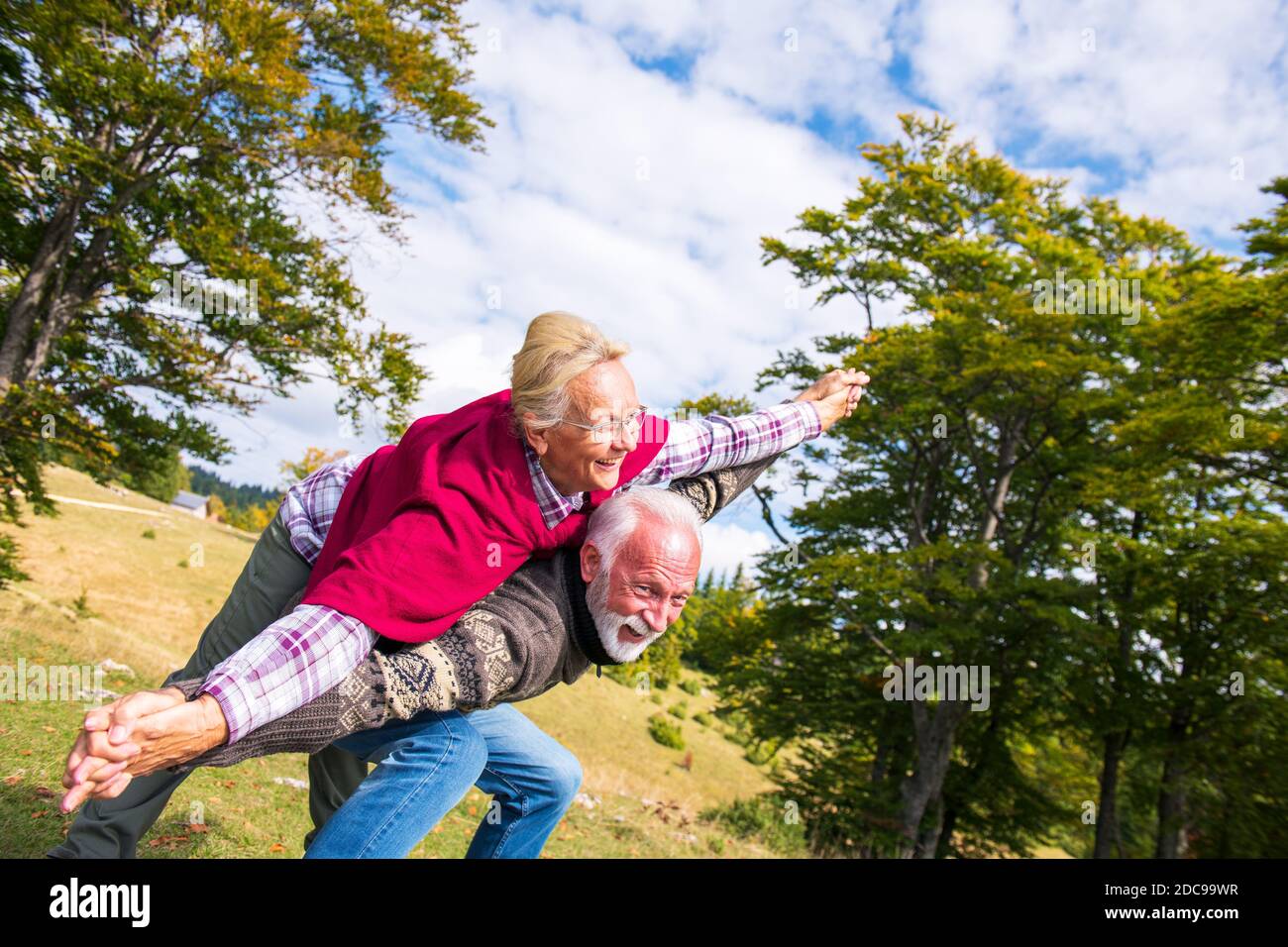 Happy senior couple smiling outdoors in nature. Grandparents, autumn ...