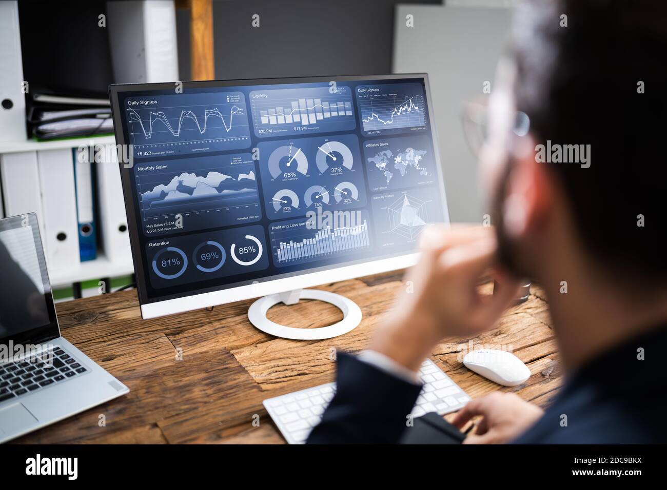 KPI Business Analytics Data Dashboard. Analyst Using Computer Stock ...