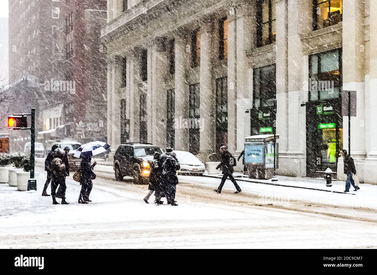 Winter snowstorm blizzard in New York City with heavy snow falling ...