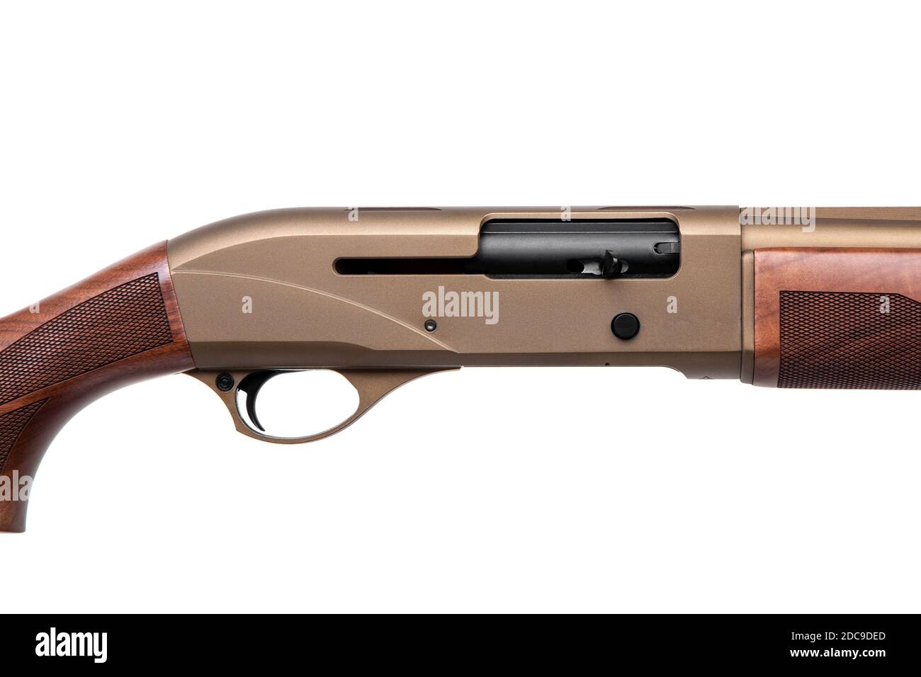 Modern semi-automatic shotgun. Weapons for sports and hunting. A bronze-colored weapon with a ...
