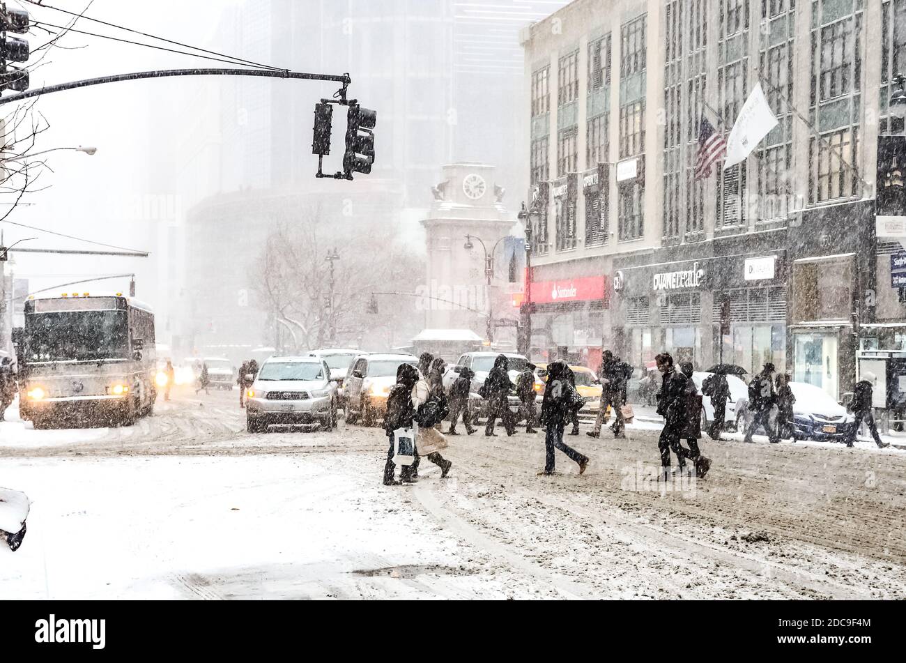 Winter snowstorm blizzard in New York City with heavy snow falling ...