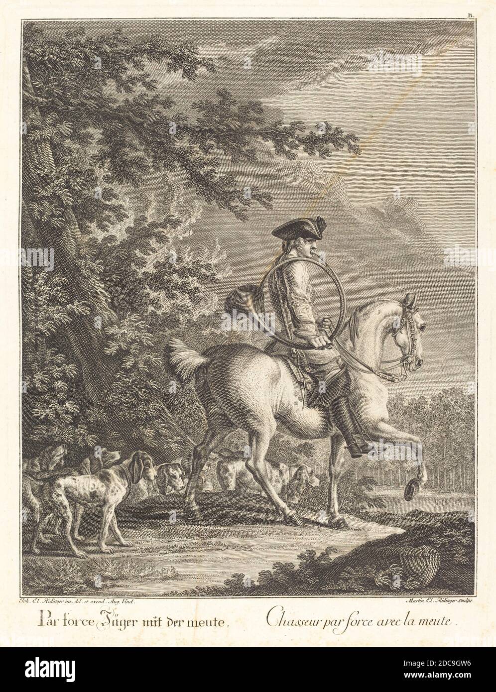 Johann Elias Ridinger, (artist), German, 1698 - 1767, Huntsman with a Pack of Hounds, etching ...