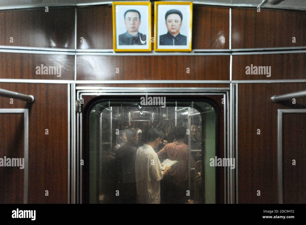 09.08.2012, Pyongyang, , North Korea - Passengers in a subway ...