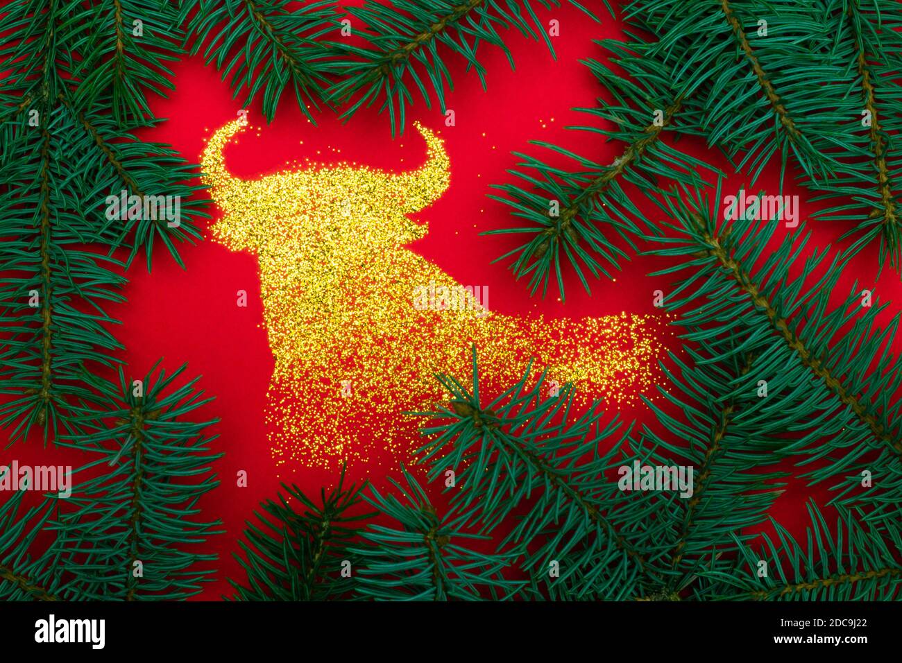 Bull, symbol of 2021, made of golden sparkles on a red surface with ...