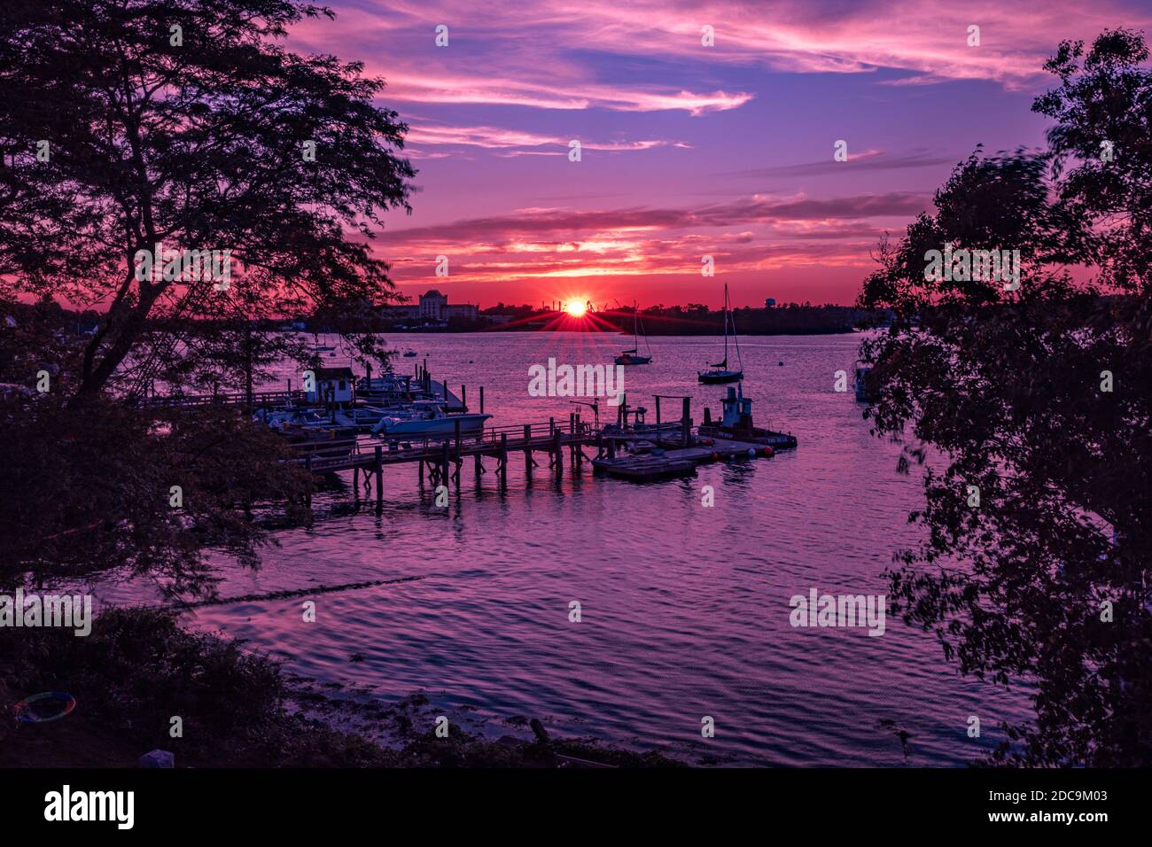 Colorful purple sunset with silhouettes of trees, a dock, and boats ...
